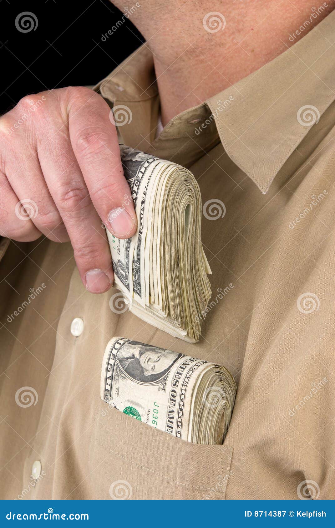 Putting Cash in Shirt Pocket Stock Image - Image of holding, grab: 8714387