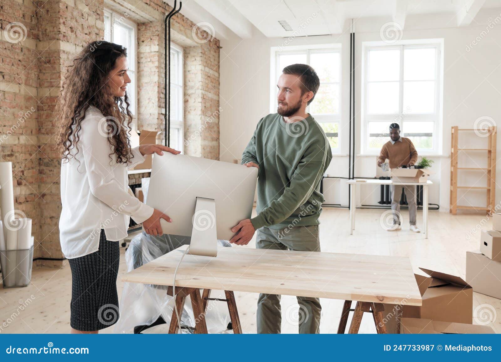 Putting Computer Monitor on Desk in New Office Stock Image - Image of ... Putting Computer Monitor on Desk in New Office Stock Image - Image of ...