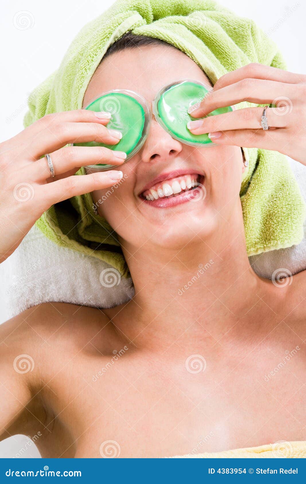Putting Eye-Pads on Eyes Smiling Stock Photo - Image of positive ...