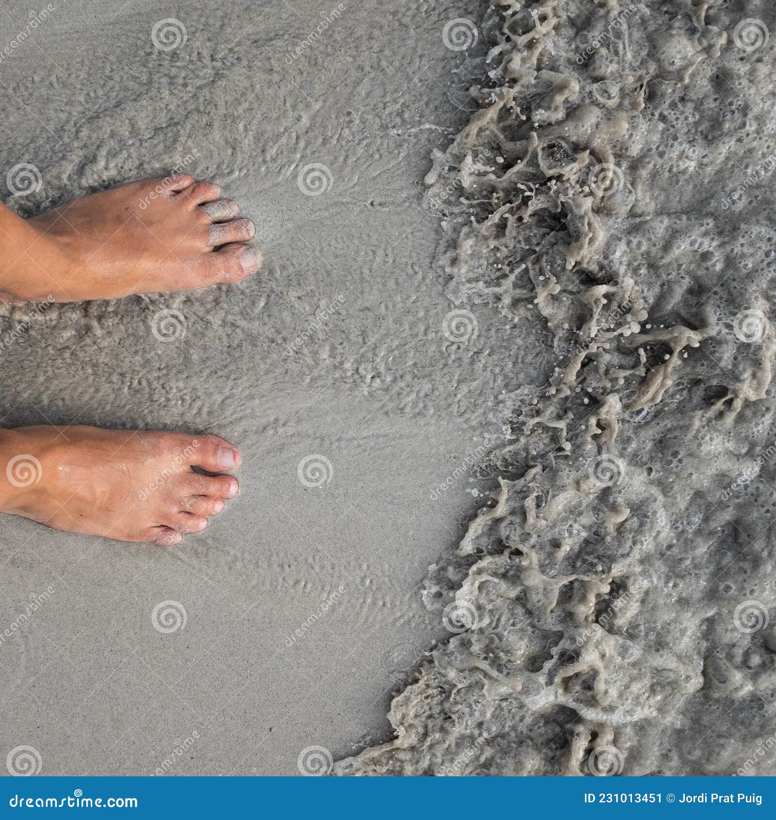 Putting Man Feet Inside the Water Wave on a Sandy Beach Stock Image ...