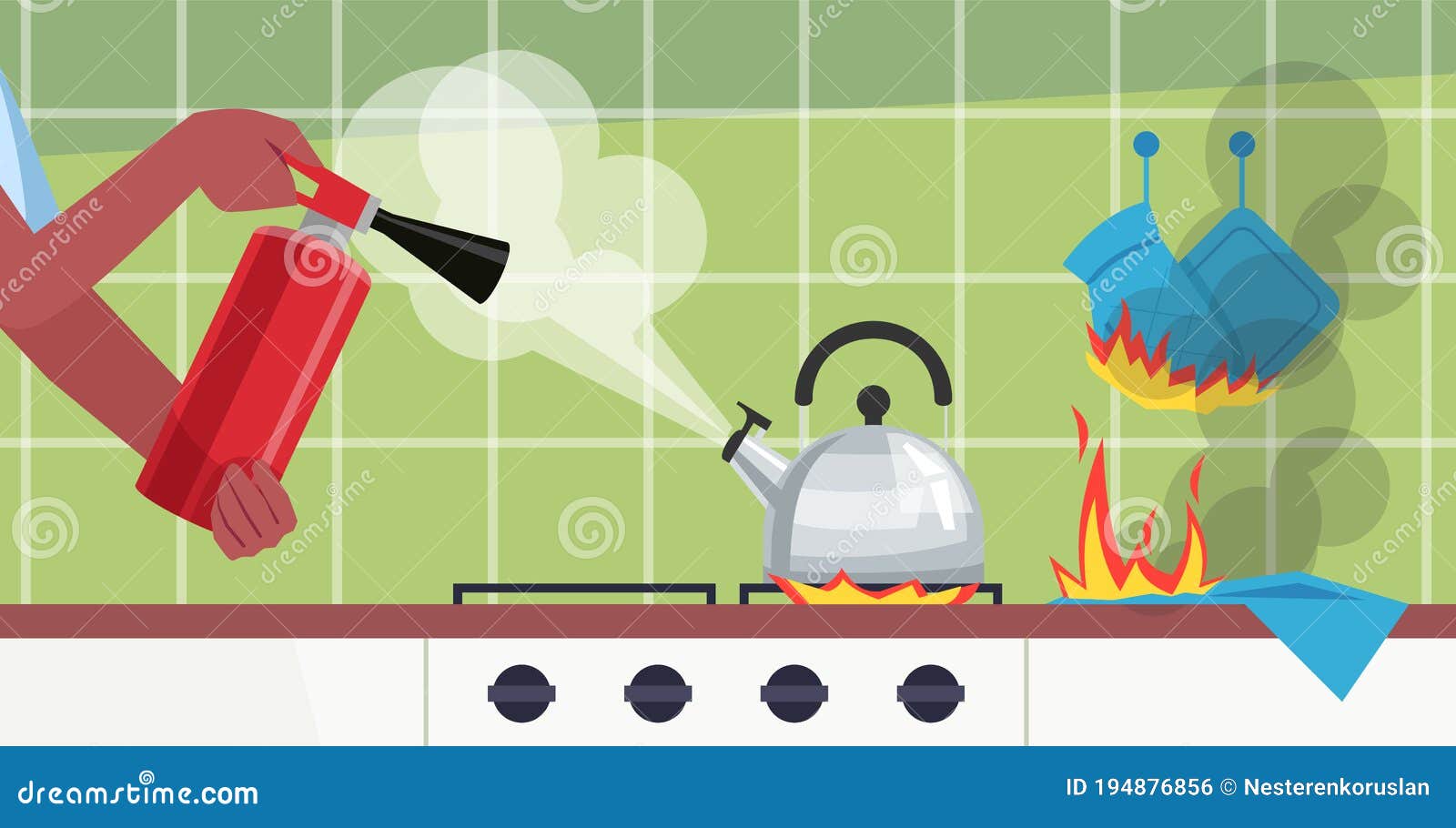 Putting Out Fire in Kitchen Table Semi Flat Vector Illustration Stock ...