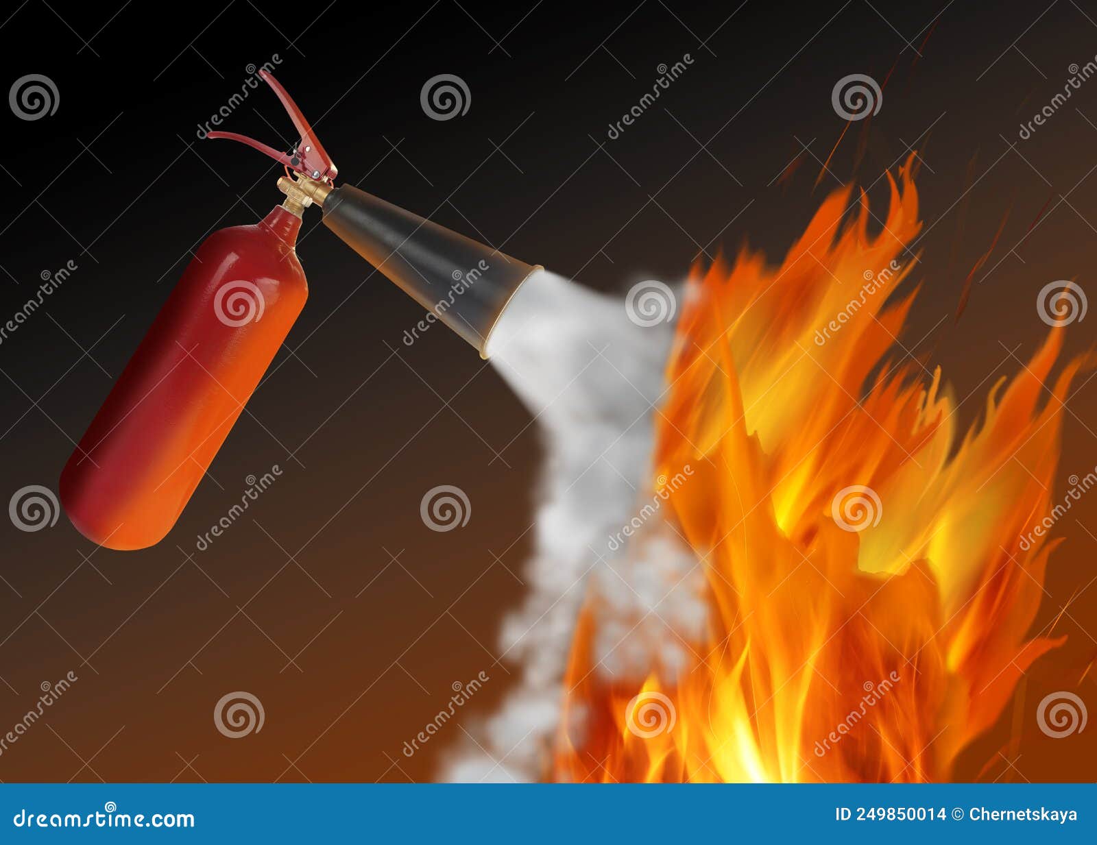 Putting Out Flame with Fire Extinguisher on Dark Background Stock ...