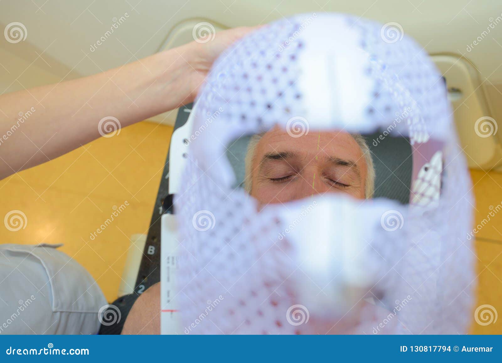 Putting on Shield before Scan Stock Photo - Image of chest, sleeping ...