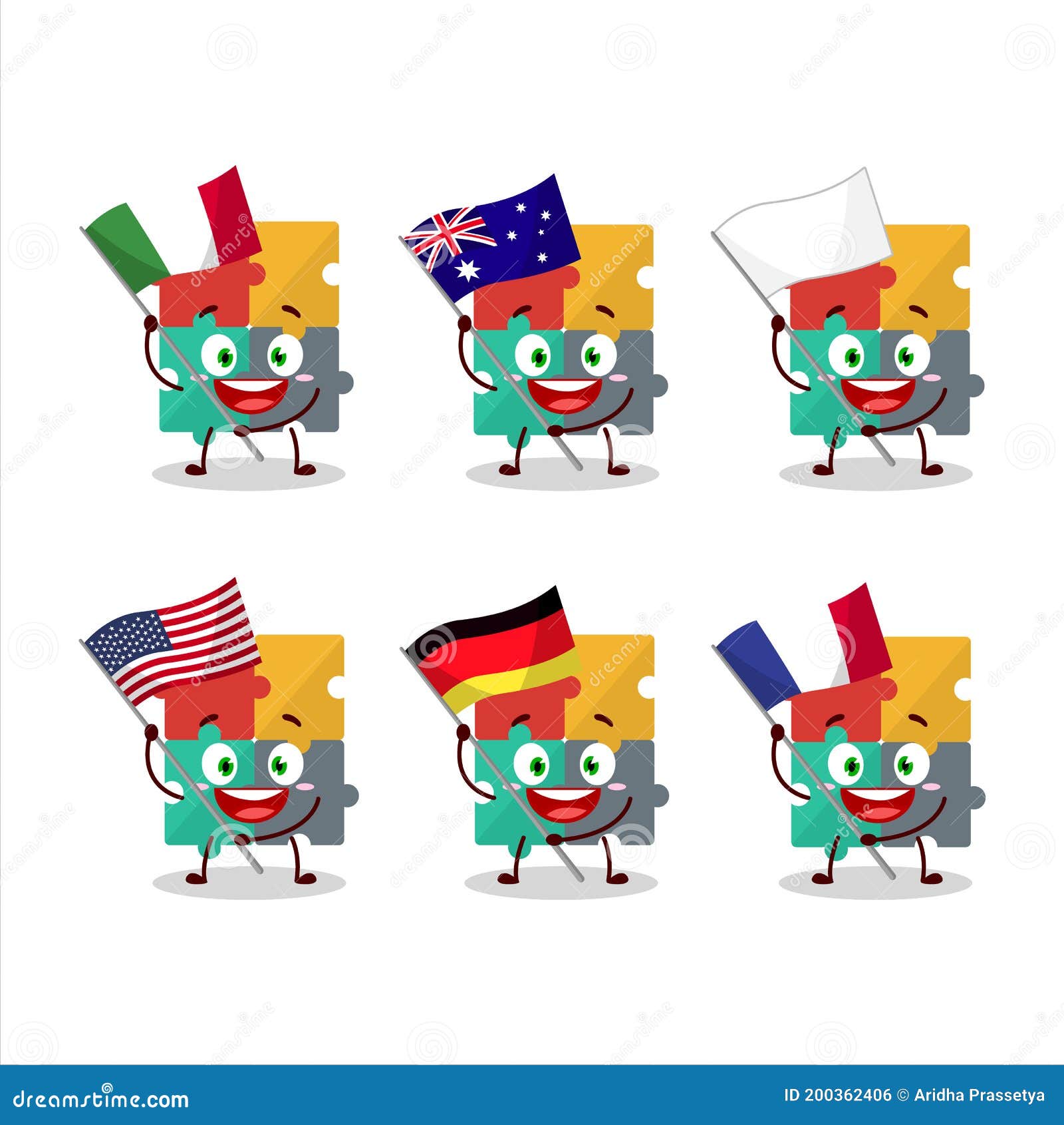 Puzzle Cartoon Character Bring the Flags of Various Countries Stock ...