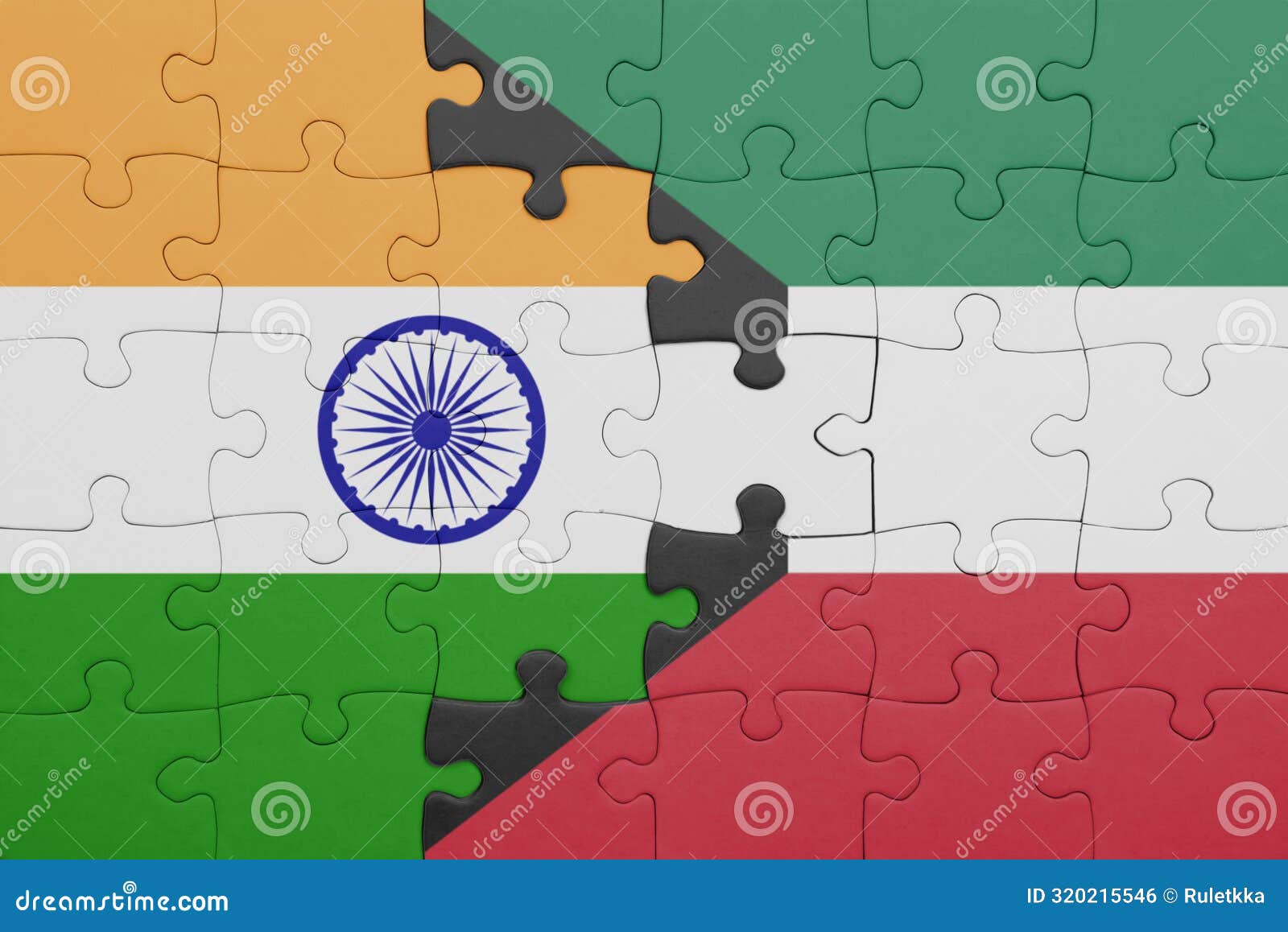 Puzzle with the Colourful National Flag of Kuwait and Flag of India ...