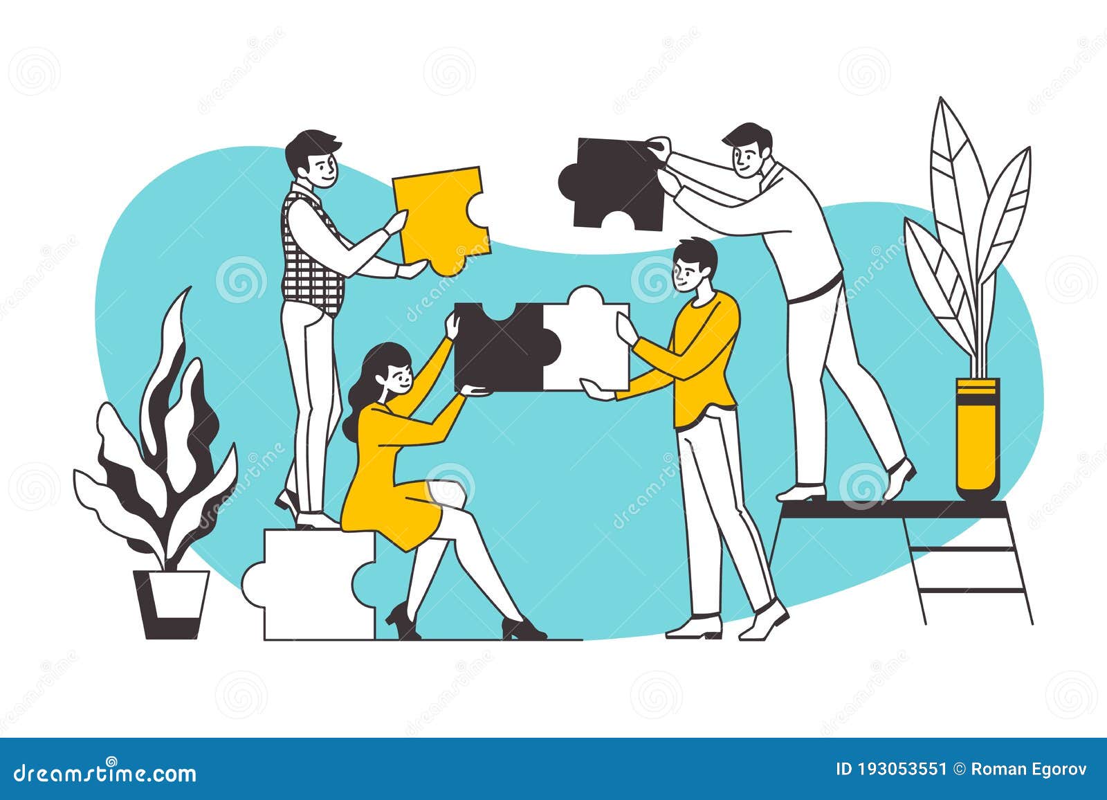 Puzzle Concept. Teamwork And Business Partnership Metaphor With Cartoon ...
