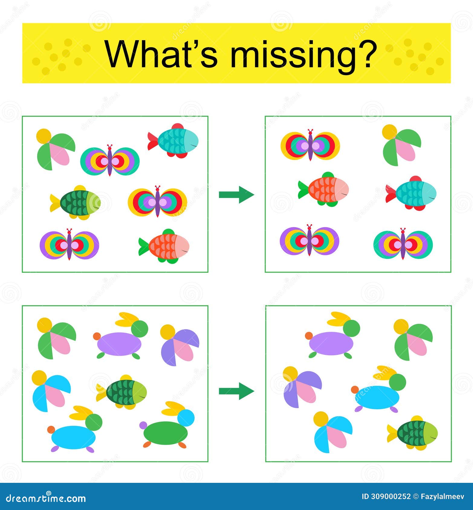 Puzzle Game. Find the Missing Object. Cartoon Fish, Butterfly Stock ...