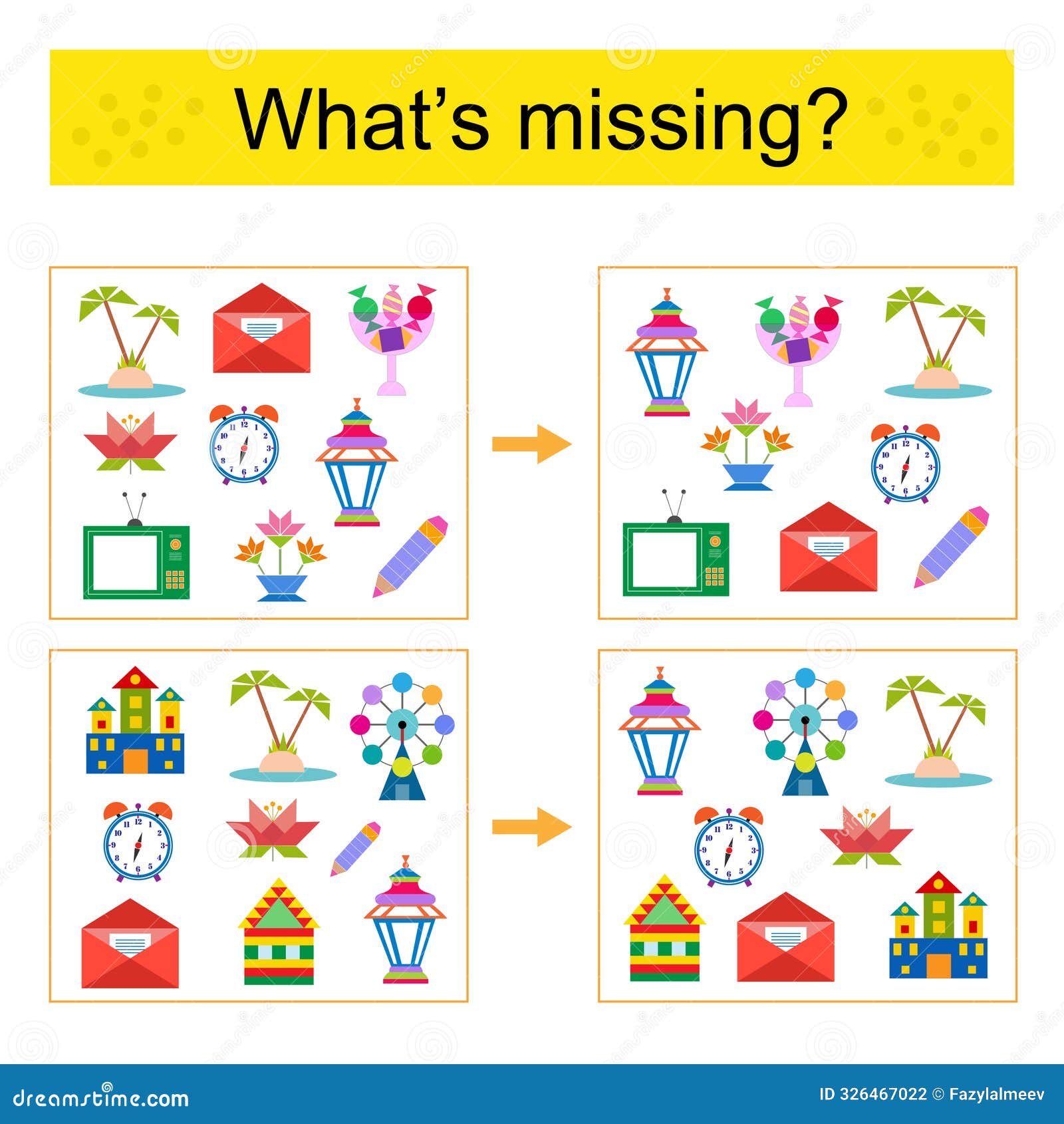 Puzzle Game for Kids. Find the Missing Objects Stock Vector ...