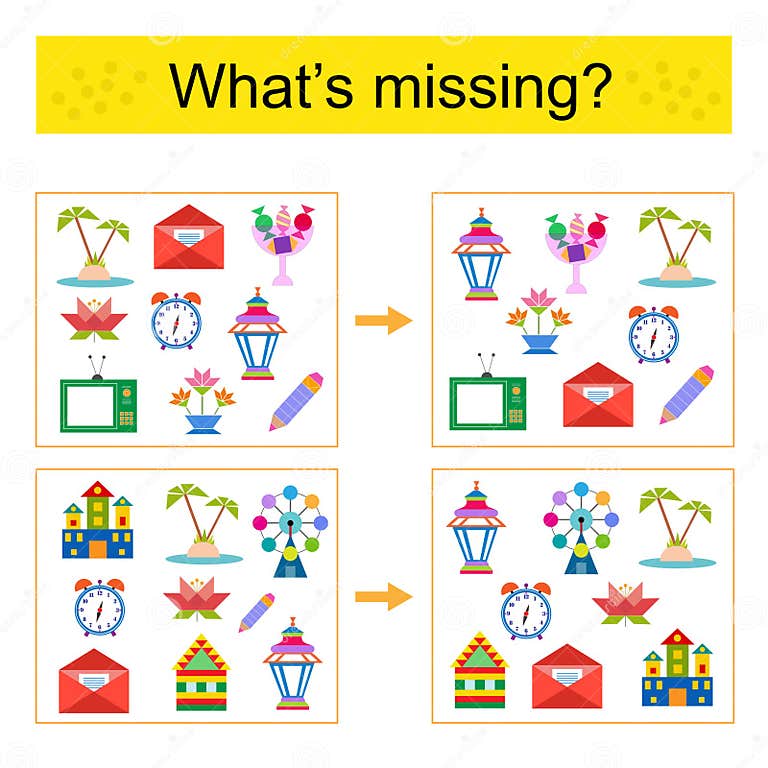 Puzzle Game for Kids. Find the Missing Objects Stock Vector ...