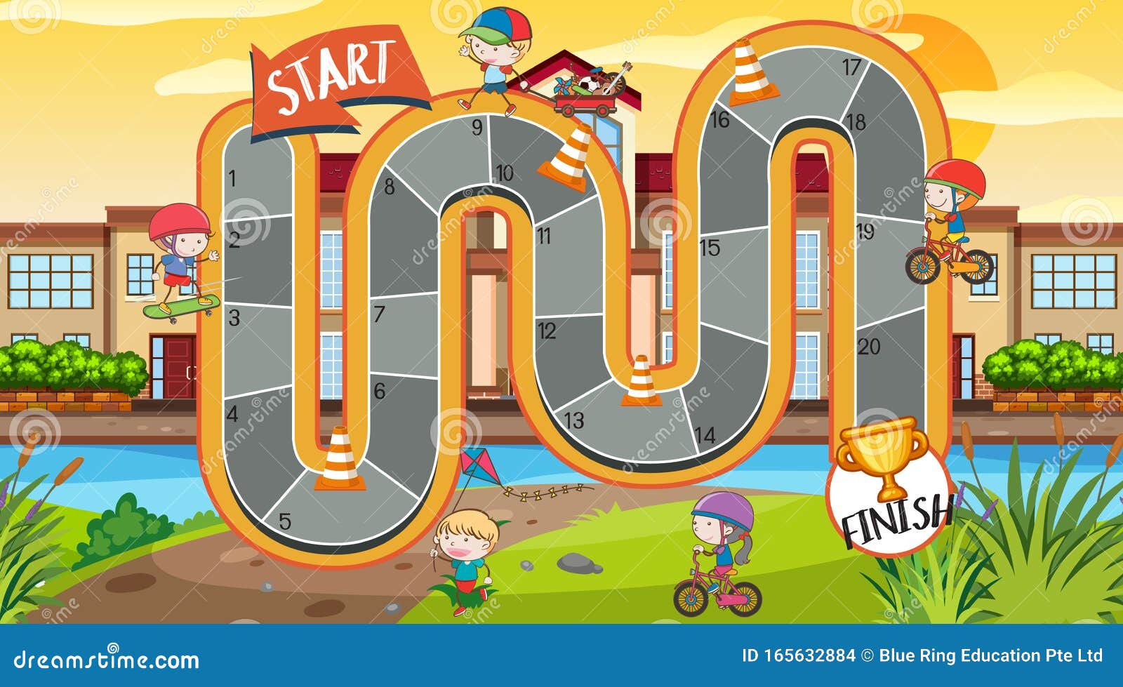 Puzzle Game Template with Kids and School Building in Background Stock ...