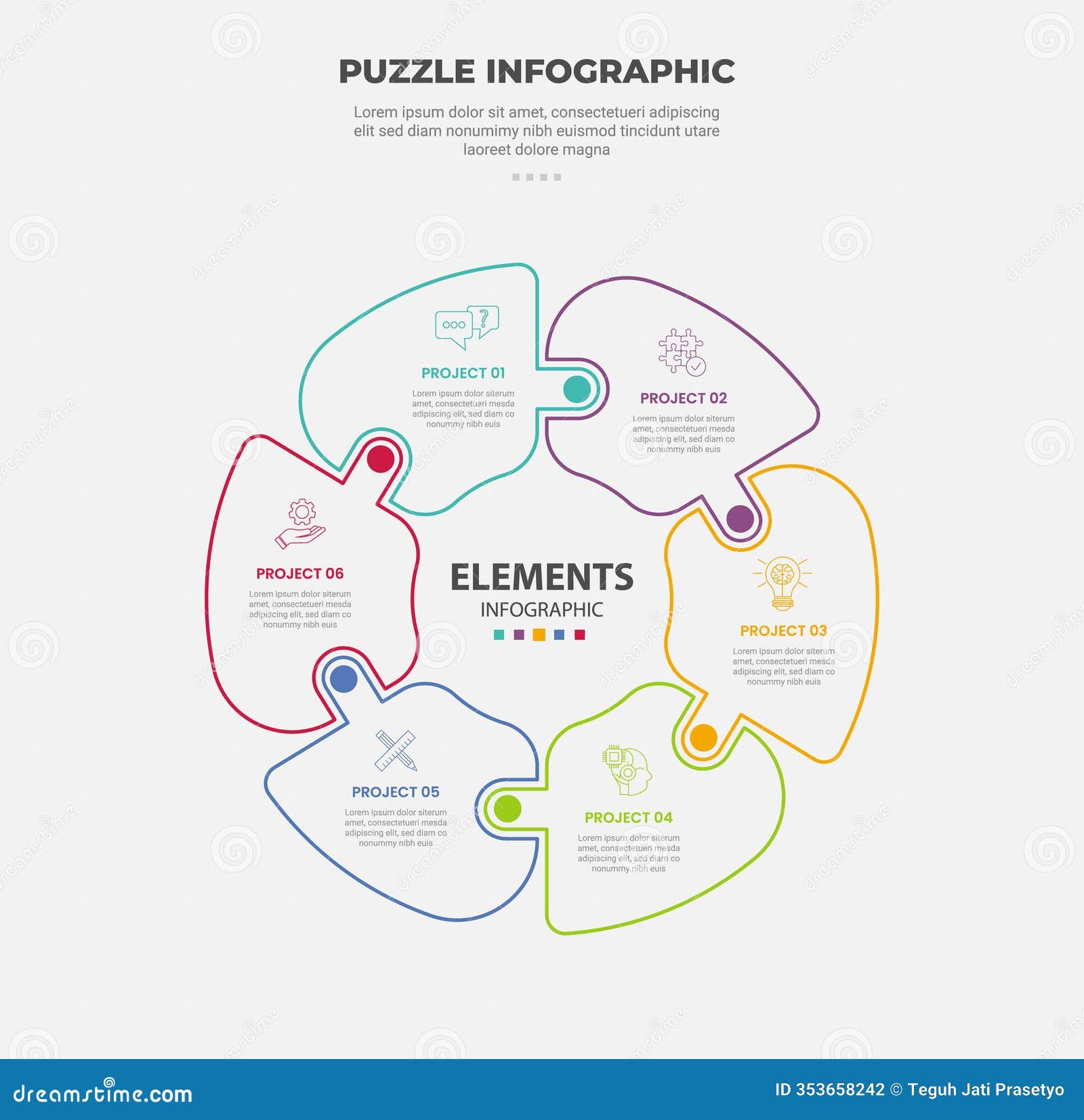 Puzzle Infographic Outline Style with 6 Point Template with Big Outline ...