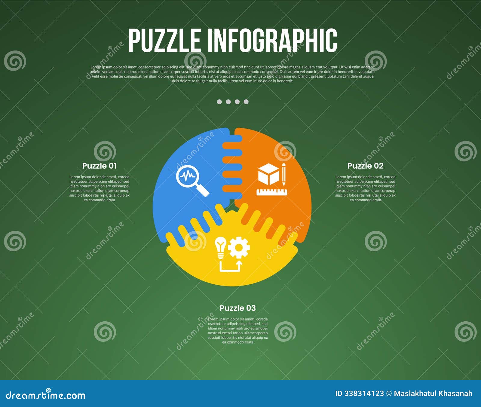 Puzzle or Jigsaw Base Infographic with Big Piechart Center with 3 Point ...