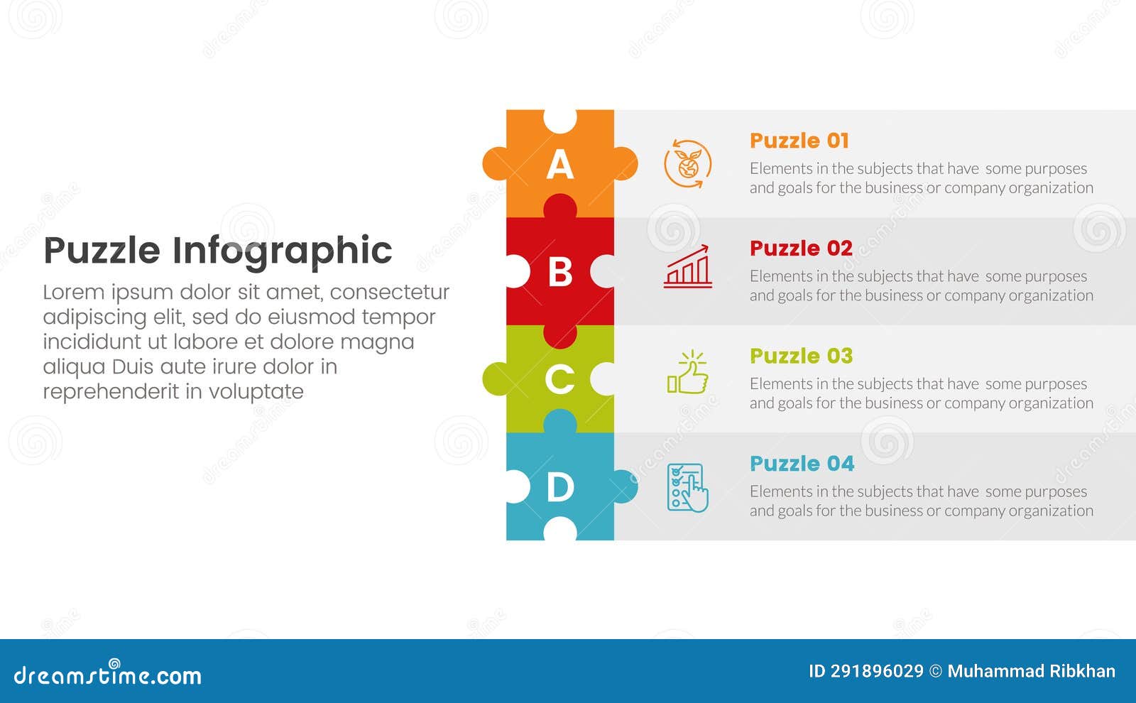 Puzzle Jigsaw Infographic 4 Point Stage Template with Long Rectangle ...
