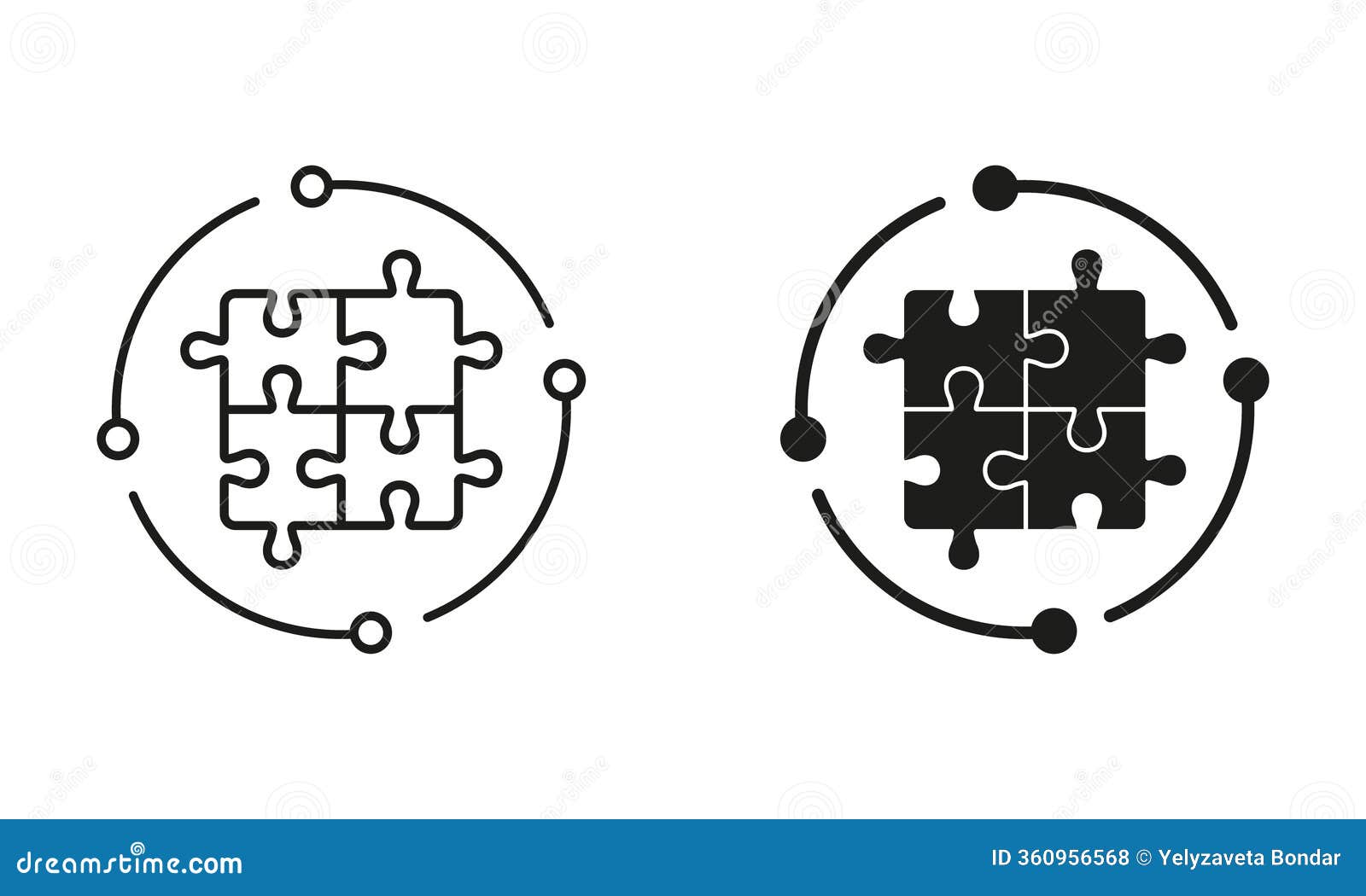 Puzzle, Jigsaw Solution Line and Silhouette Icon Set. Idea, Challenge Game, Teamwork Sign ...