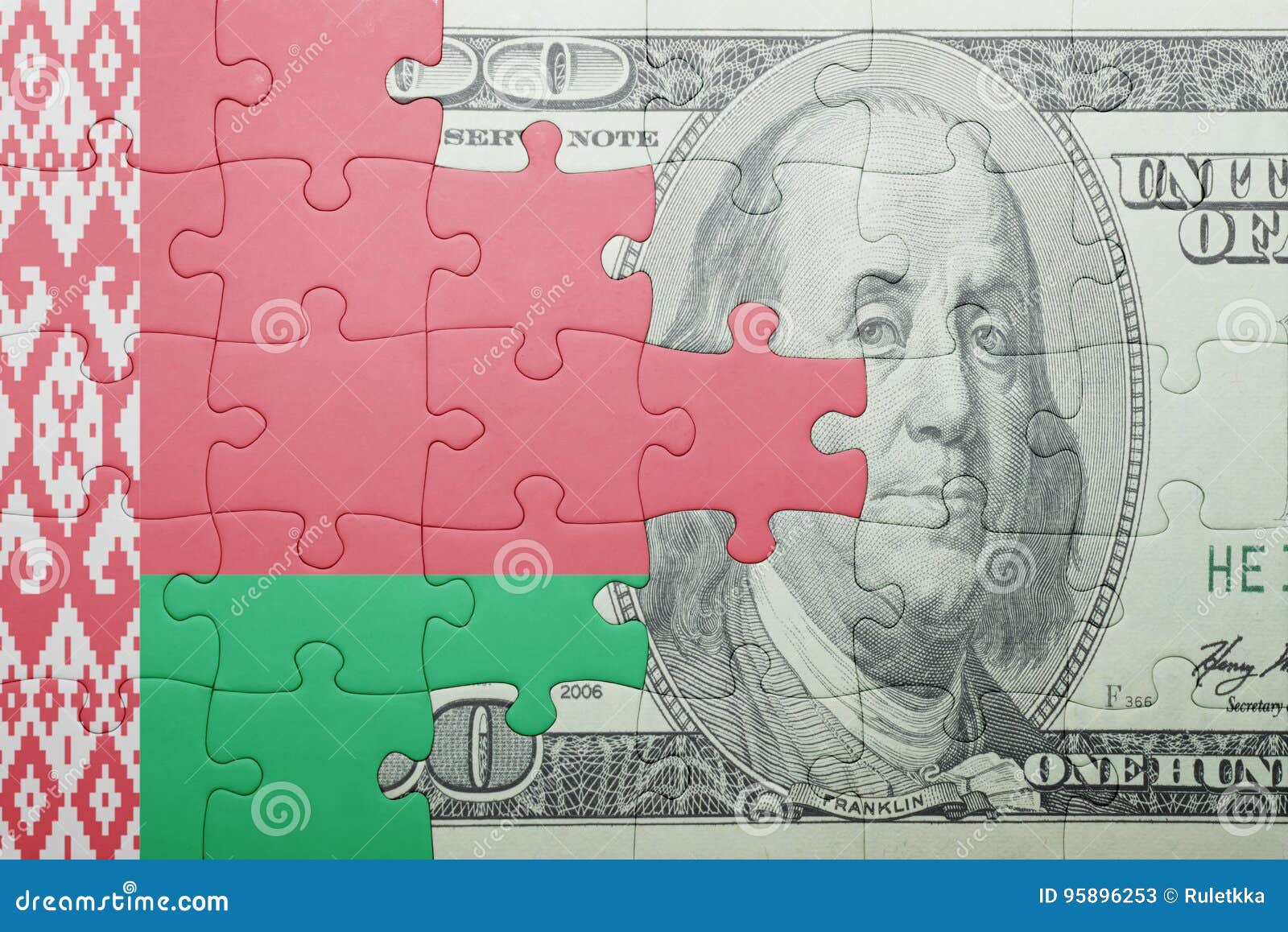 Puzzle with the National Flag of Belarus and Dollar Banknote Stock ...