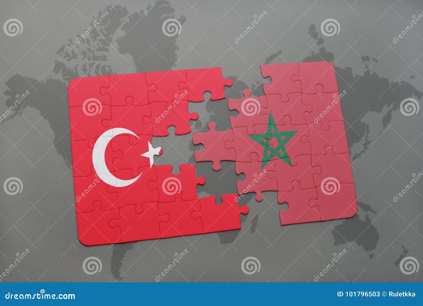 Puzzle with the National Flag of Turkey and Morocco on a World Map ...