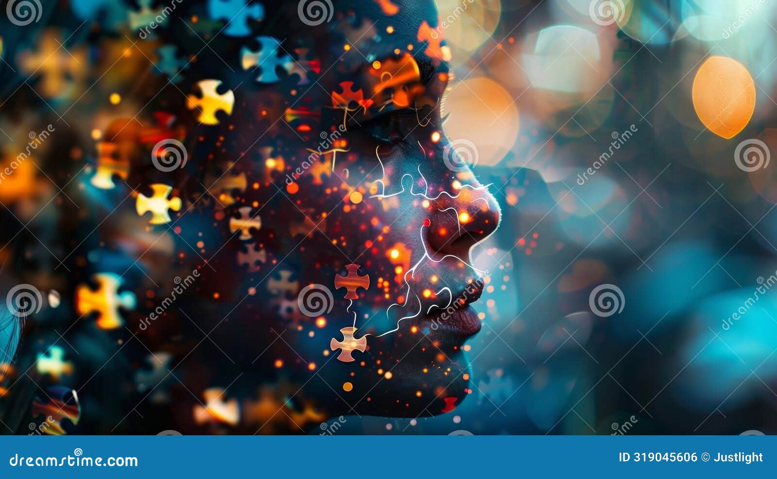 A Puzzle Piece Face Made Up of Various Digital Elements Coming Together ...