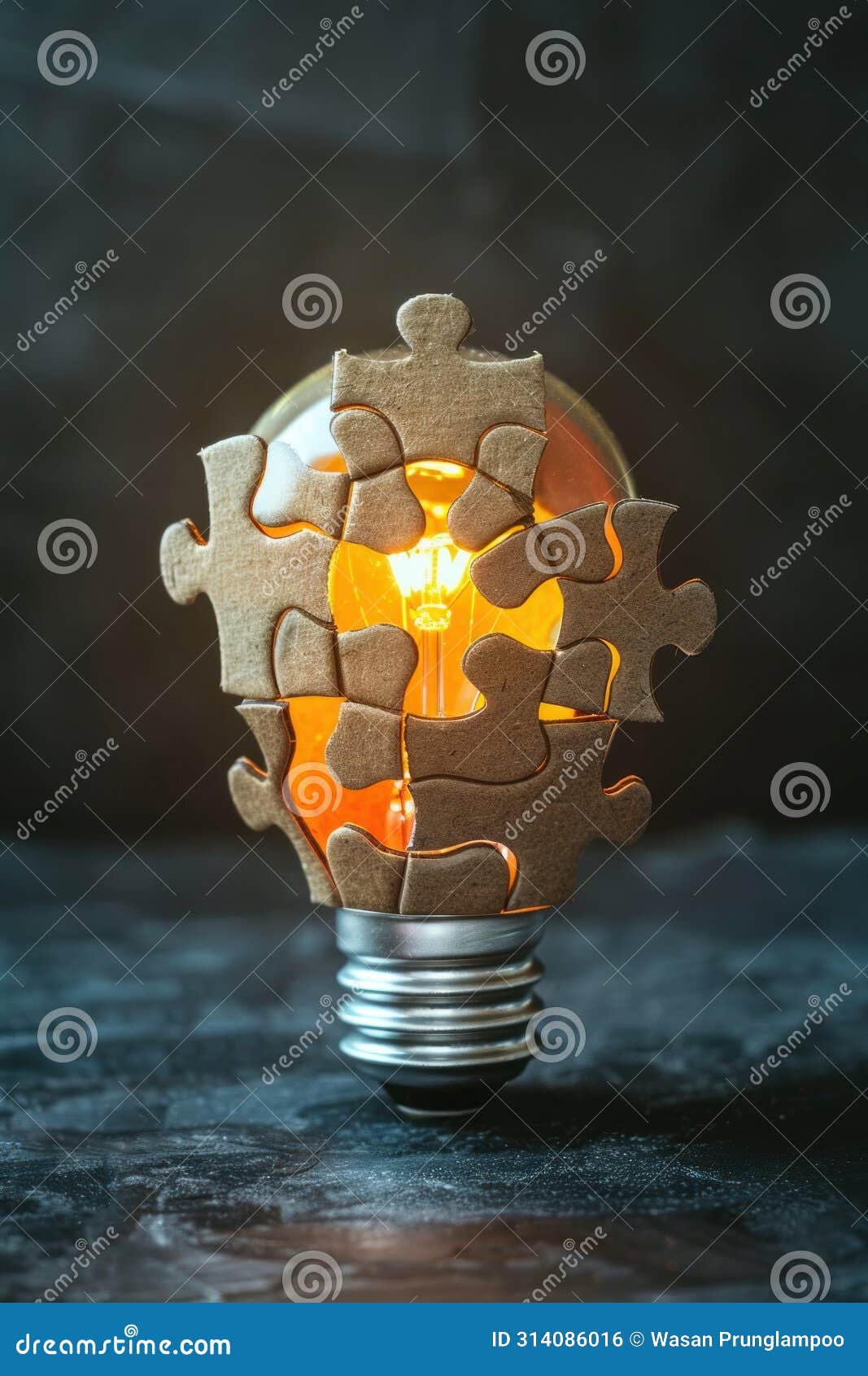 Puzzle Piece Fitting into Light Bulb Shape, Teamwork Idea, Warm Desk ...