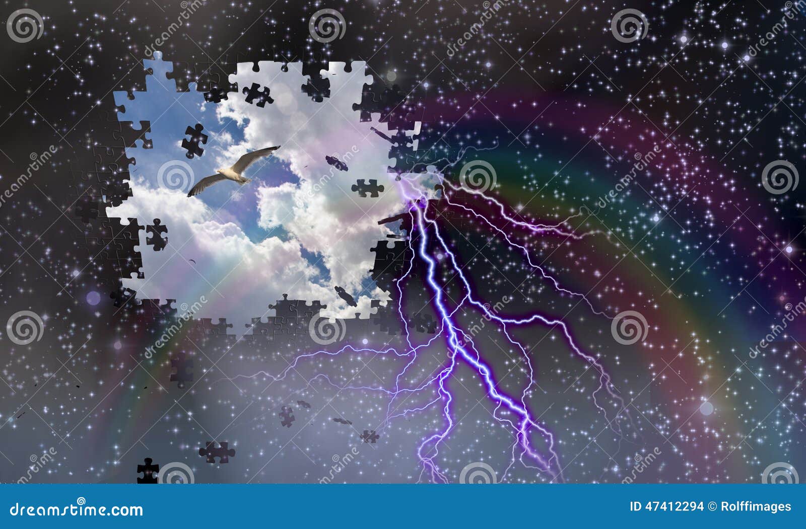Puzzle Pieces Fall From Night Sky Revealing Day With Rainbow And Stock ...