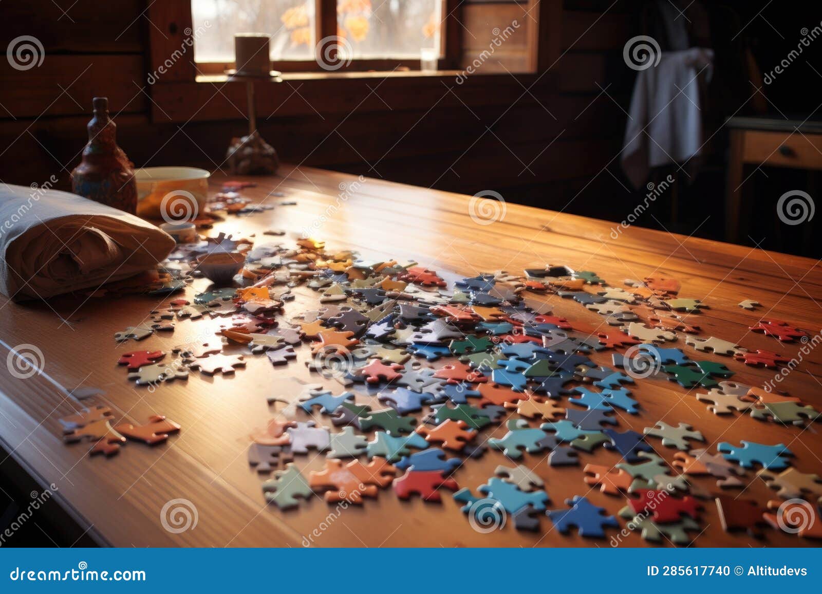 Puzzle Pieces Scattered on a Wooden Table Stock Illustration ...