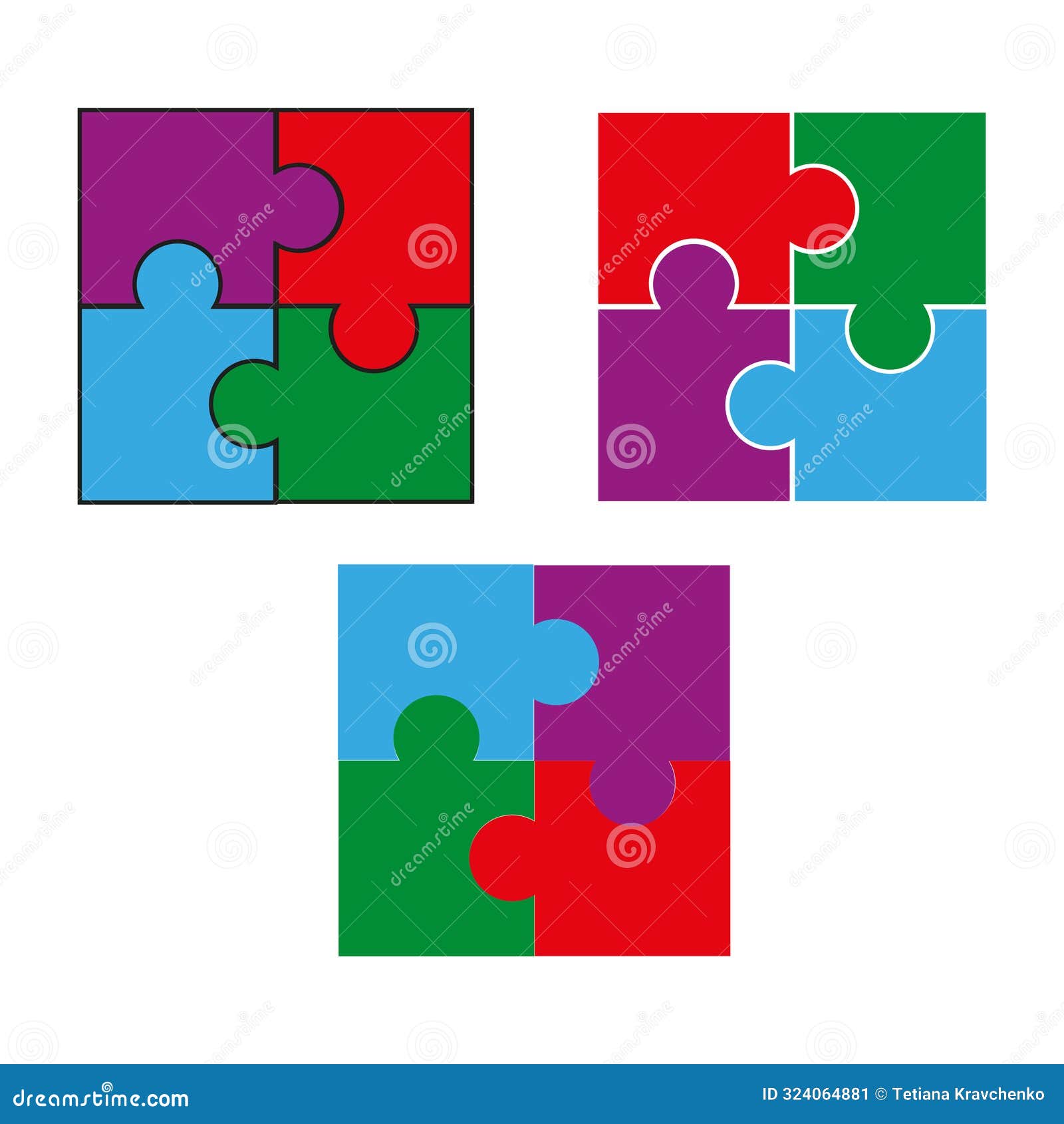 Puzzle Pieces Vector. Colorful Four Parts. Square Jigsaw Shapes ...