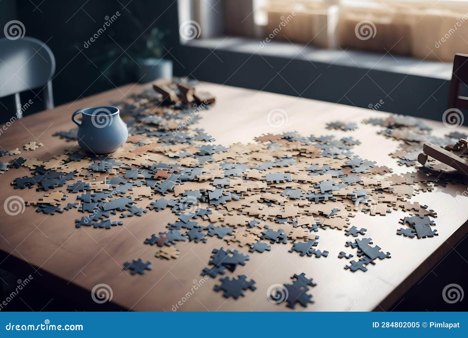 Puzzle Pieces on a Wooden Table in a Modern Living Room. Stock ...
