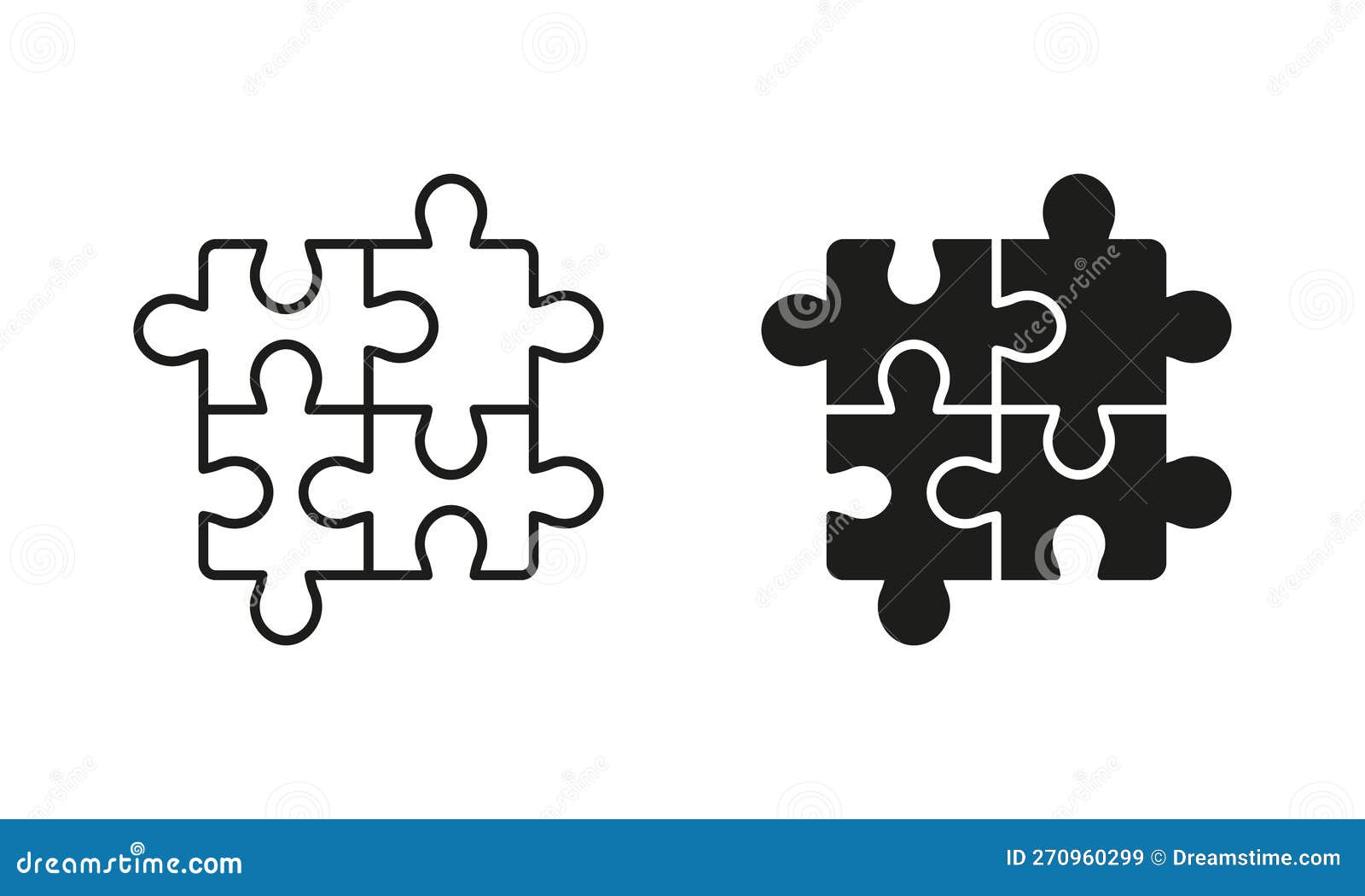 Puzzle, Solve Problem Silhouette and Line Icon Set on White Background ...