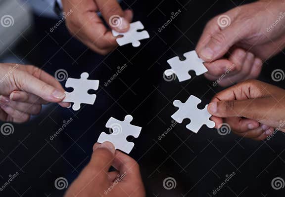 Puzzle, Teamwork and Support with Hands of Business People for Synergy ...