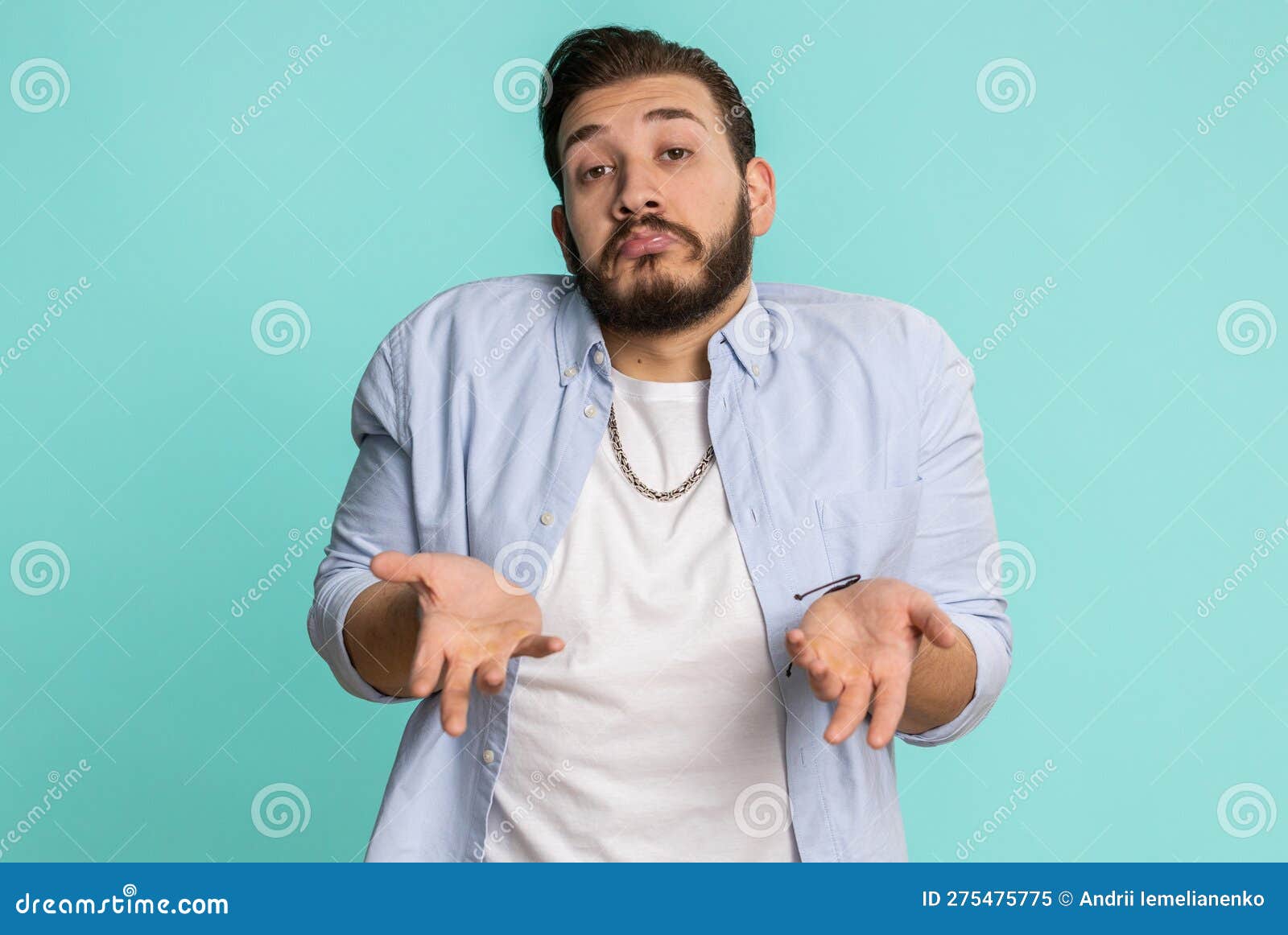 Puzzled Clueless Uncertain Man Raising Hands in Helpless, Embarrassed ...