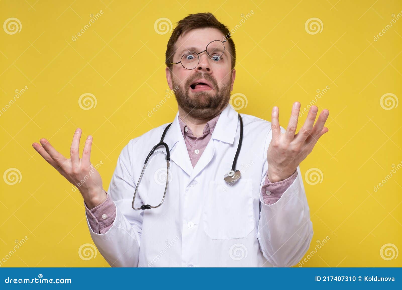 Puzzled Doctor with a Stupid Expression on Face and Glasses on Forehead ...