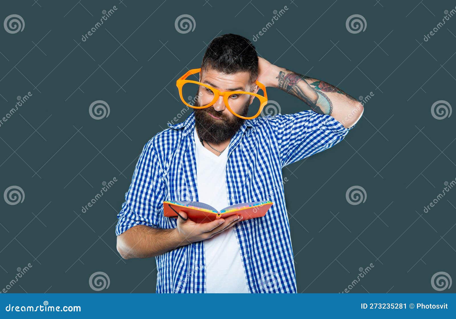 Puzzled Funny Bearded Man in Party Glasses Read Book Stock Image ...