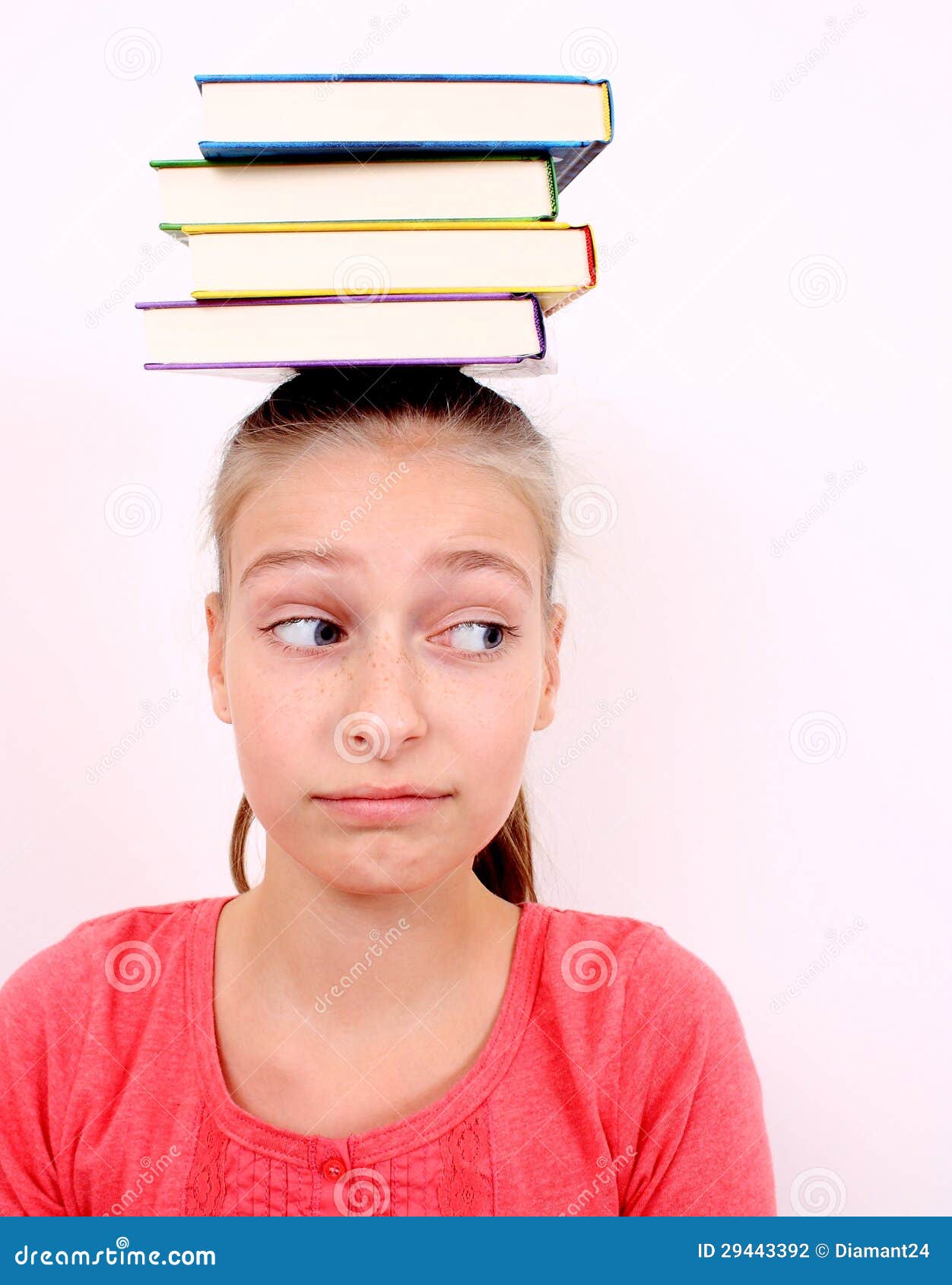 Puzzled Girl with Books on Her Head Stock Photo - Image of equipment ...