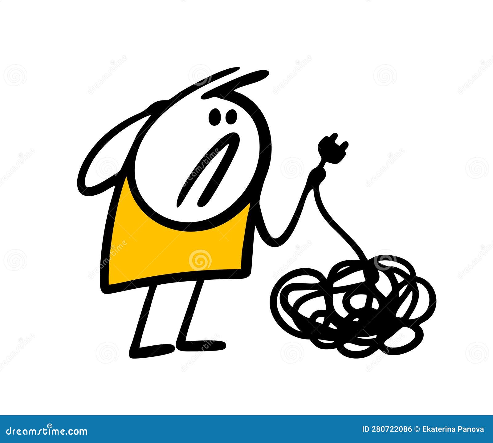 Puzzled Guy is Holding a Plug with a Wire Tangled in a Tangle. Vector ...