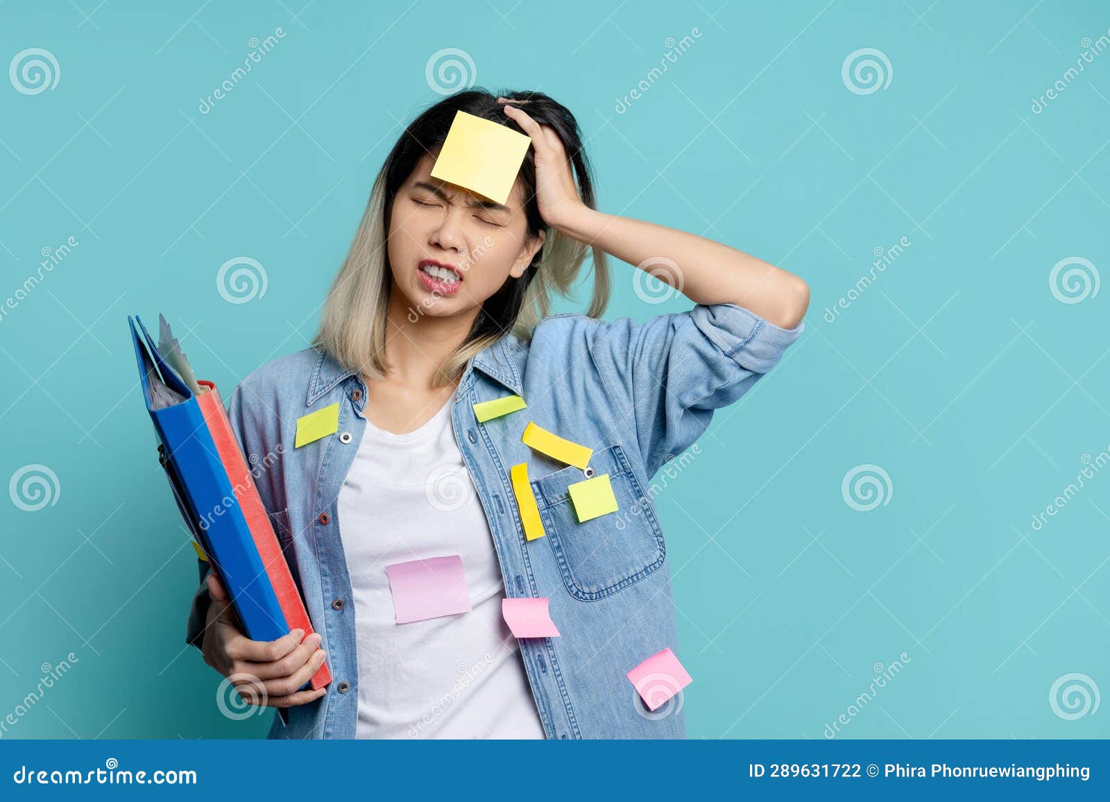 Puzzled Office Worker Overloaded with Paper Work Isolated on Light Blue ...