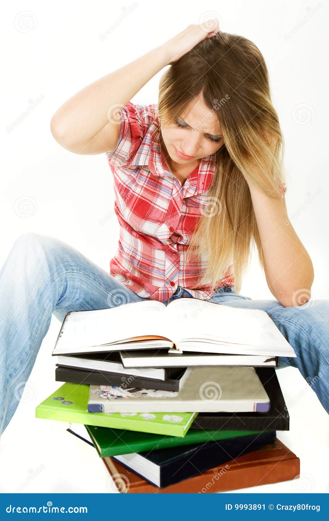 Puzzled Student Girl With Pile Of Books Stock Image - Image of blond ...