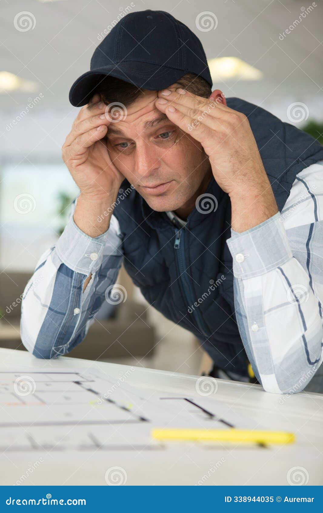 Puzzled Worker Stressing Over Architectural Plans Stock Image - Image ...