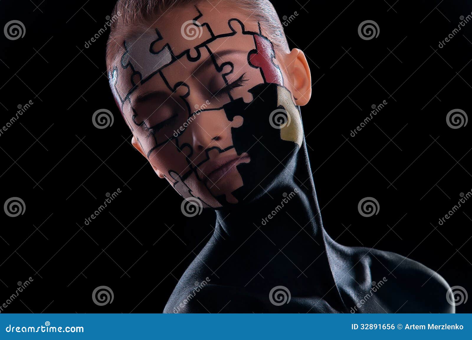 Puzzles painted on face stock photo. Image of makeup - 32891656