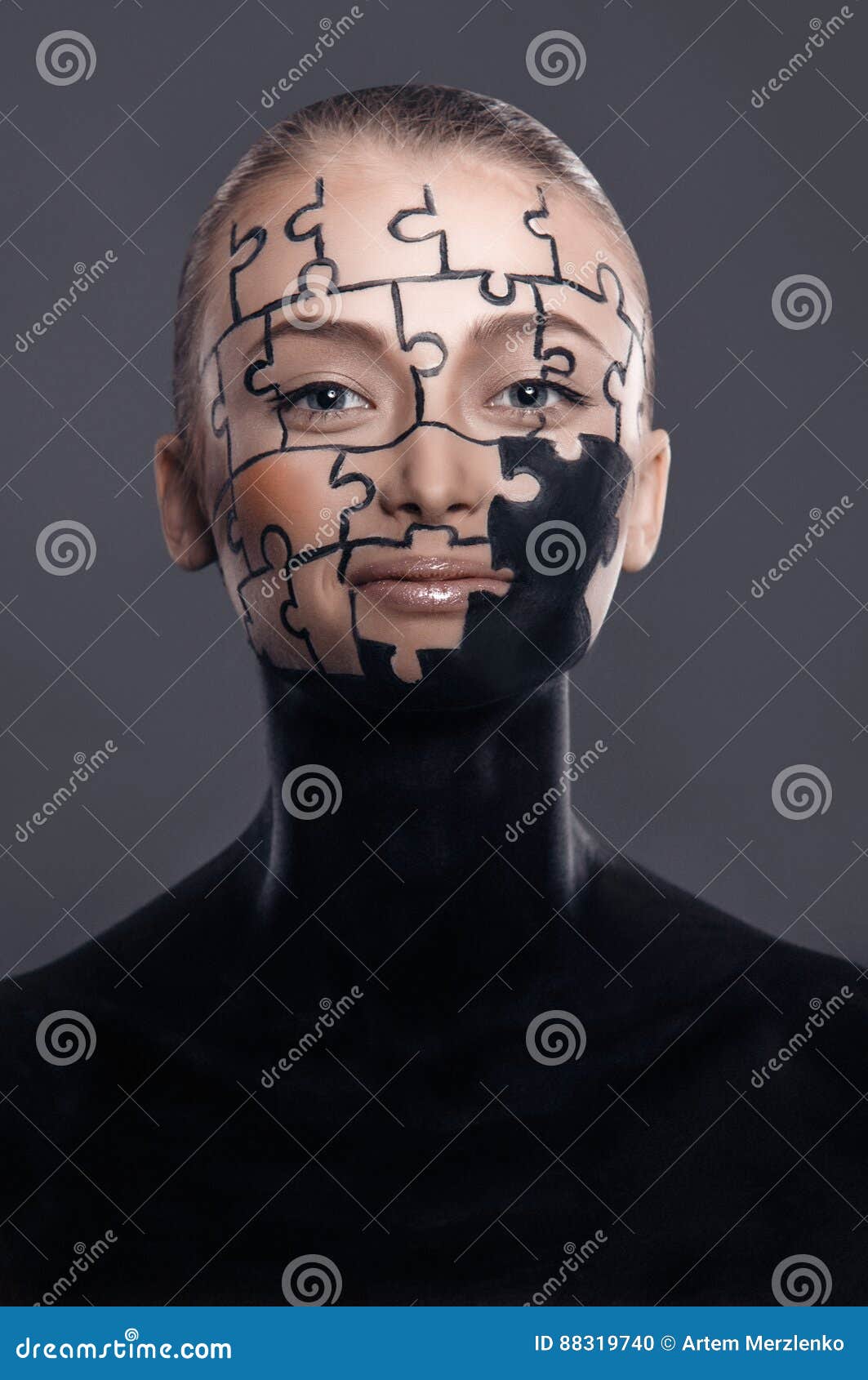 Puzzles painted on face stock photo. Image of concept - 88319740