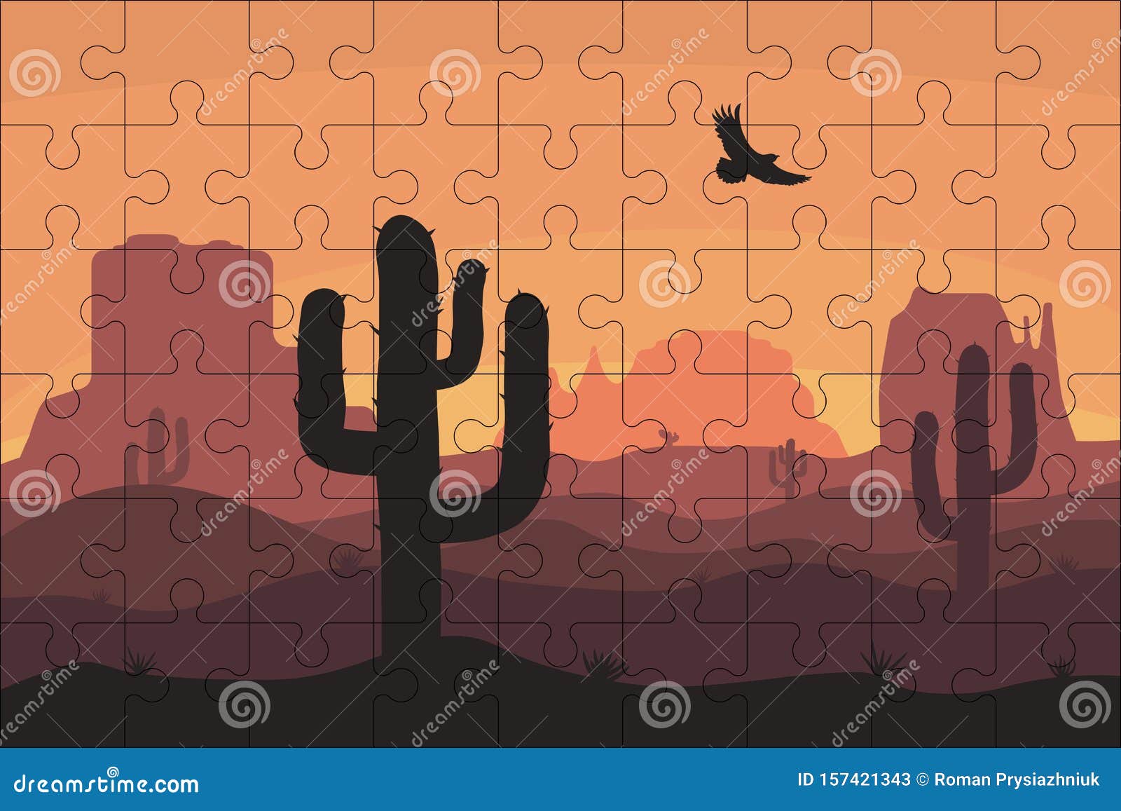 Puzzles Template with Rectangle Grid and Desert Landscape, Cactuse and ...