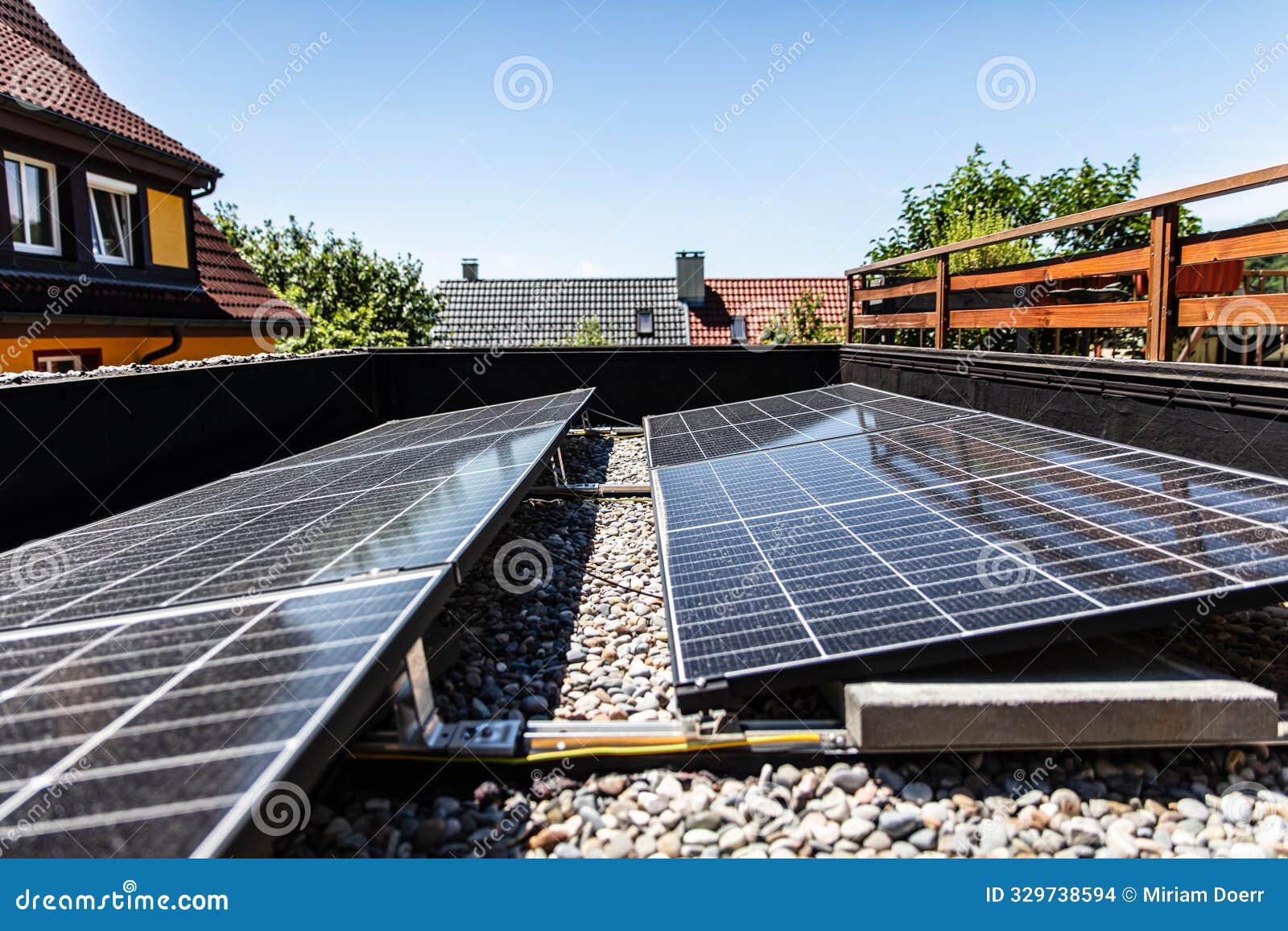 Pv Panels on a Flat Roof with Pebbles Stock Photo - Image of connector ...