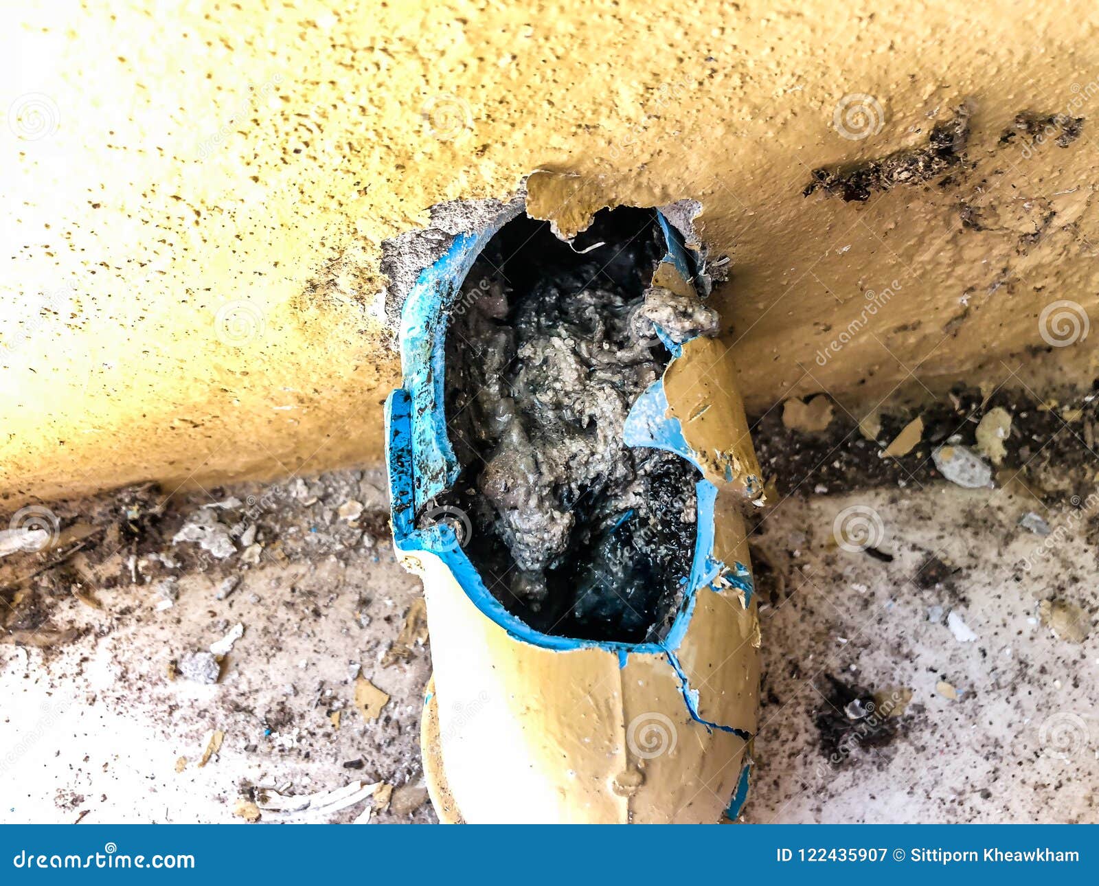 Pvc sewer full of garbage stock image. Image of house - 122435907