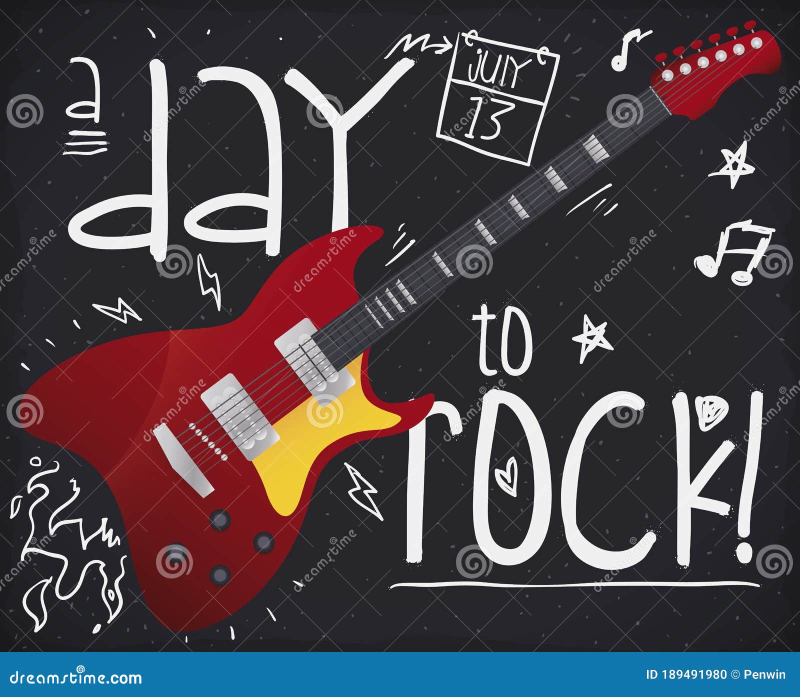 Guitar, Blackboard and Doodles Reminds You To Rock in July, Vector ...