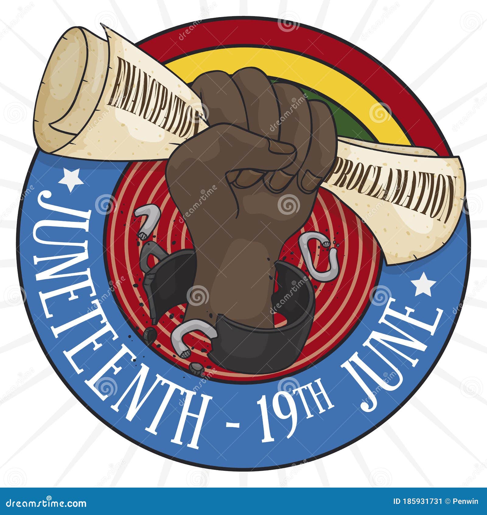 Fist Breaking Chains, Holding Emancipation Proclamation Over Button for ...