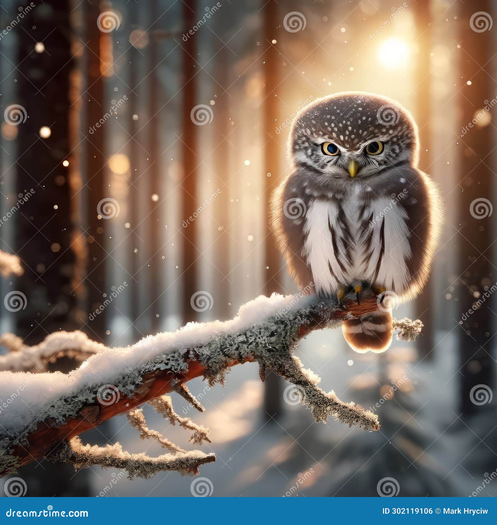 Pygmy Owl Perched on a Branch in the Forest during Winter with Snow AI ...