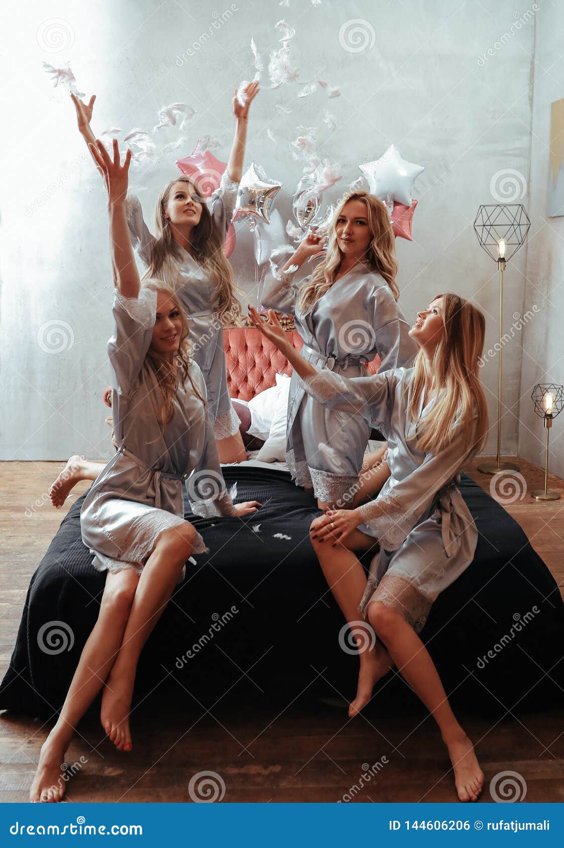Pyjama party at home stock photo. Image of clothes, bedroom - 144606206