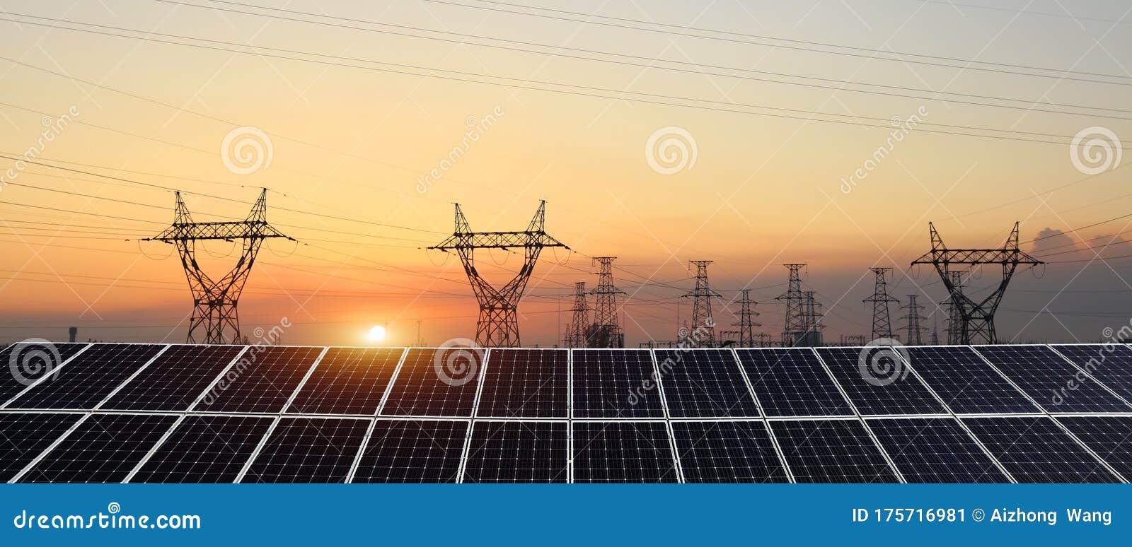 Pylon and Photovoltaic Panels Stock Image - Image of power, sunrise ...