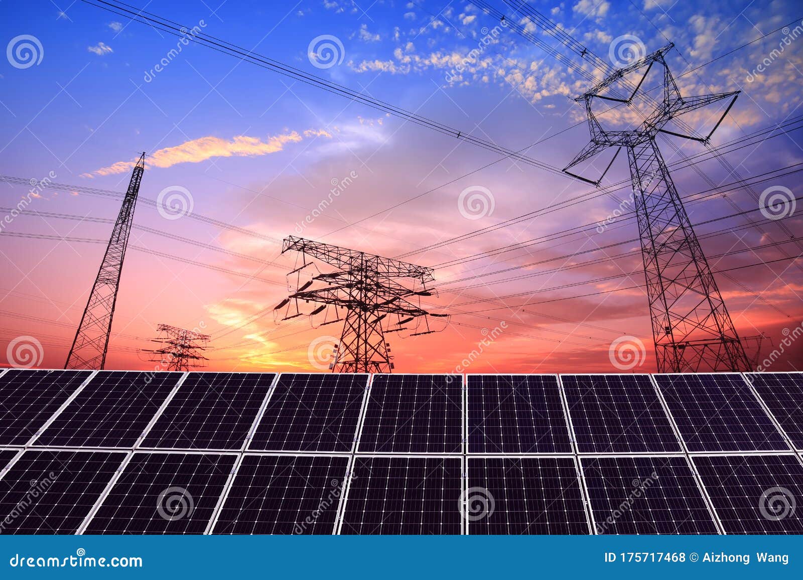 Pylon and Photovoltaic Panels Stock Photo - Image of silhouette ...