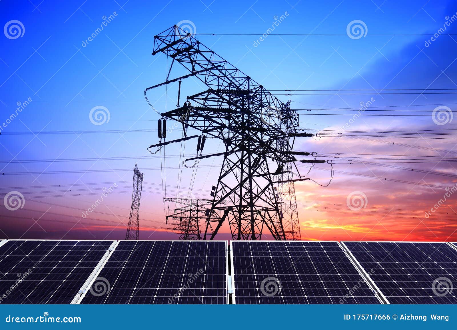 Pylon and Photovoltaic Panels Stock Photo - Image of silhouette ...
