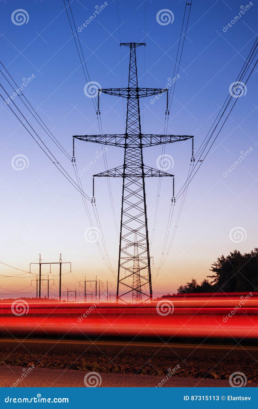 Pylon and Transmission Power Line in Sunset. Stock Image - Image of ...