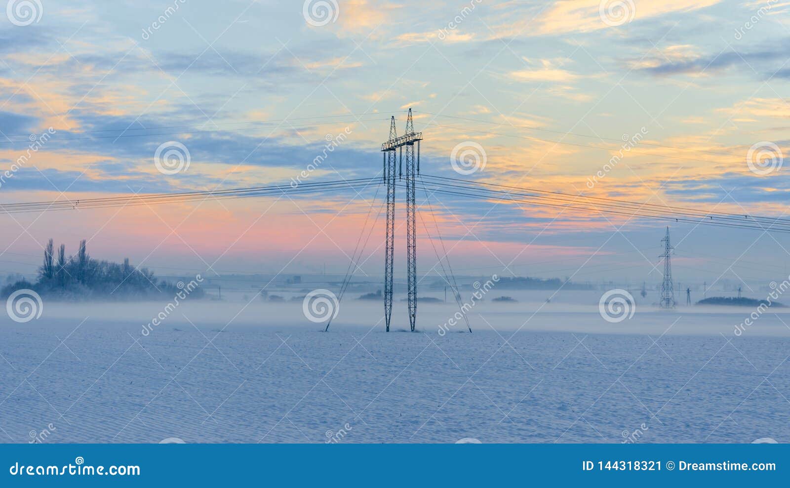 Pylon in Winter Snowy Landscape Stock Image - Image of clouds ...